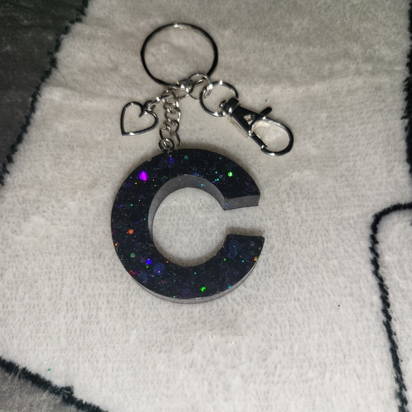 Handmade | Accessories | Holographic Black Glitter Letter C Keychain ...